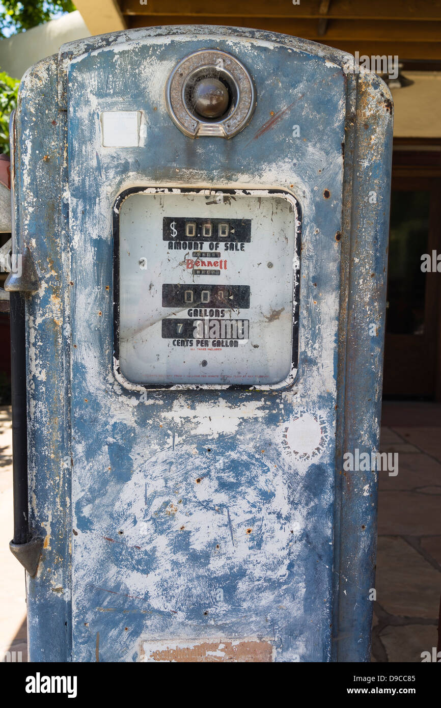 A close-up of the front of a well weathered gasoline pump in Los Alamos ...