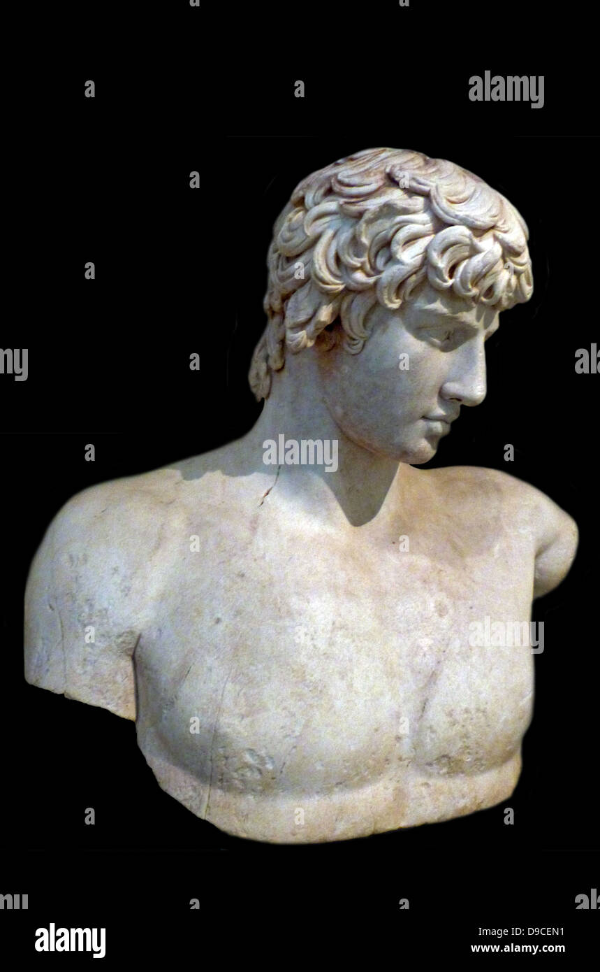 Portrait bust of Antinous. Thasian marble. Found at Patras. The youth ...