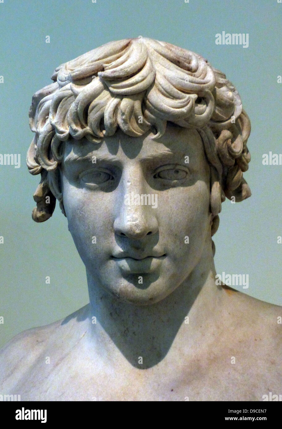 Portrait bust of Antinous. Thasian marble. Found at Patras. The youth ...