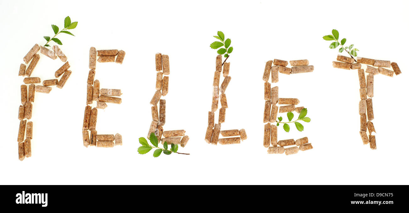 Text pellet made by wood pellets on white background Stock Photo - Alamy