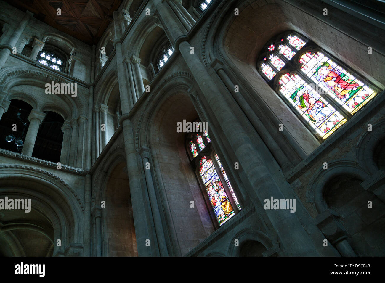 Detailed stained glass windows at Peterborough Cathedral, England Stock ...