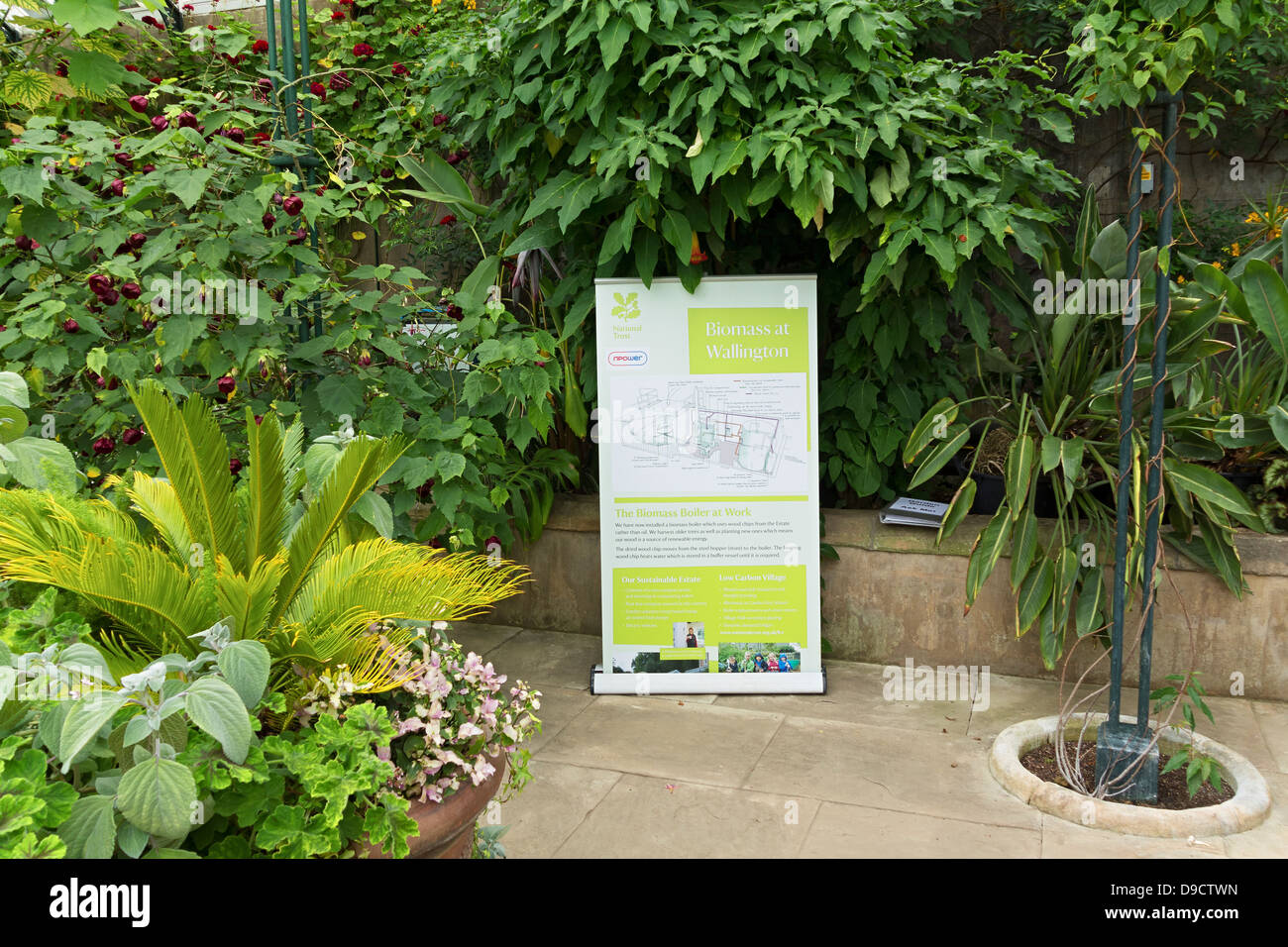 A sign explaining the Biomass Boiler at Wallington Hall Stock Photo - Alamy