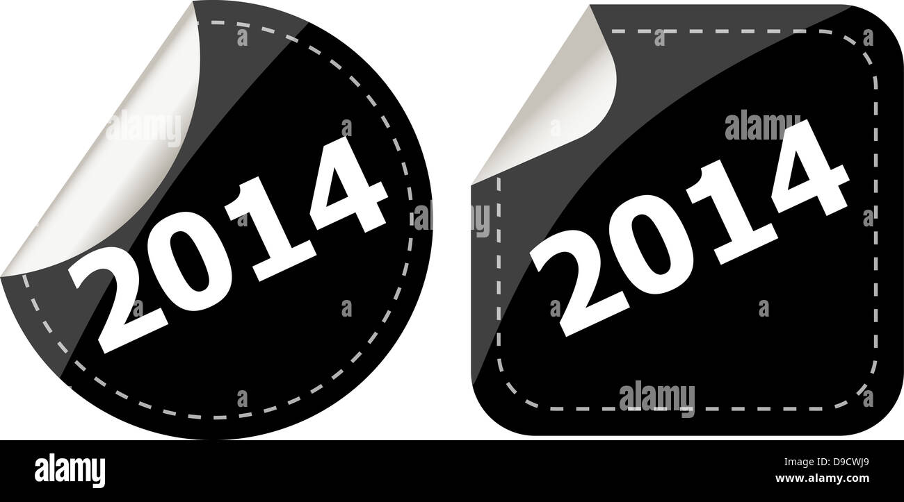 2014 on black stickers button set, business label Stock Photo - Alamy