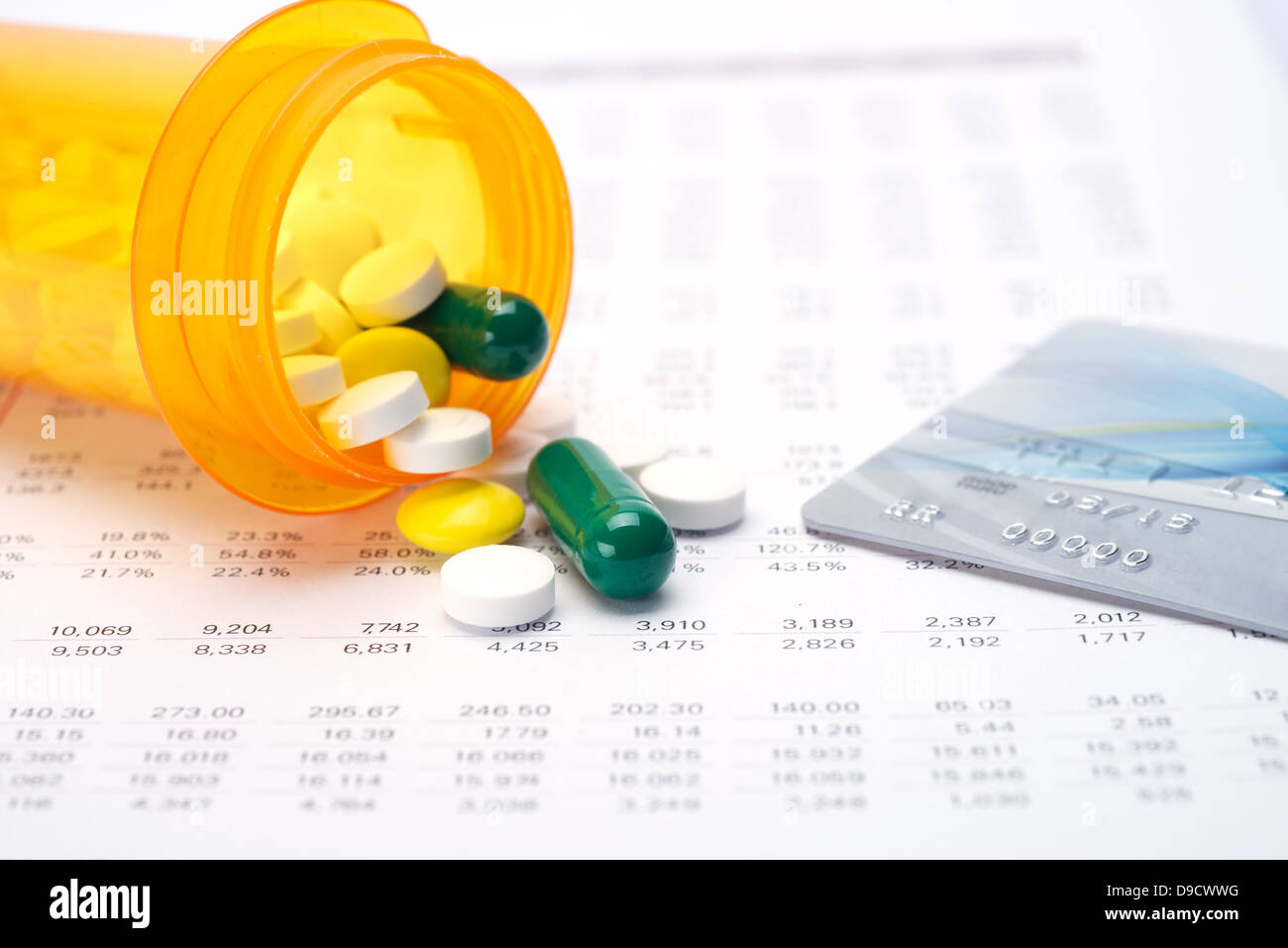 Pills and credit card on account paper background Stock Photo - Alamy
