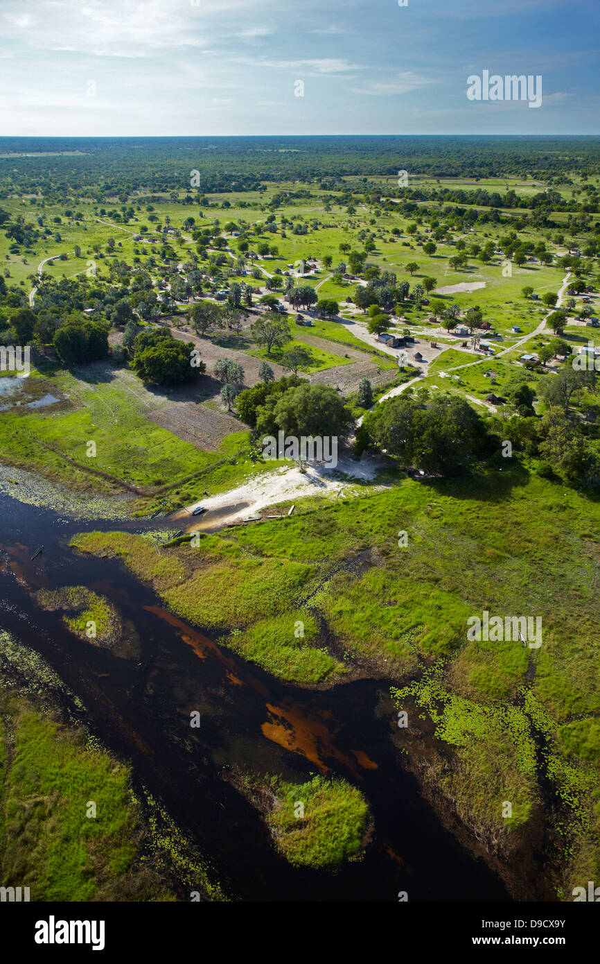 Boro River and Boro village, Okavango Delta, Botswana, Africa - aerial ...