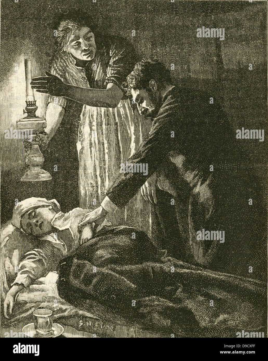 Mother in a poor district of London holding an oil lamp so doctor can ...