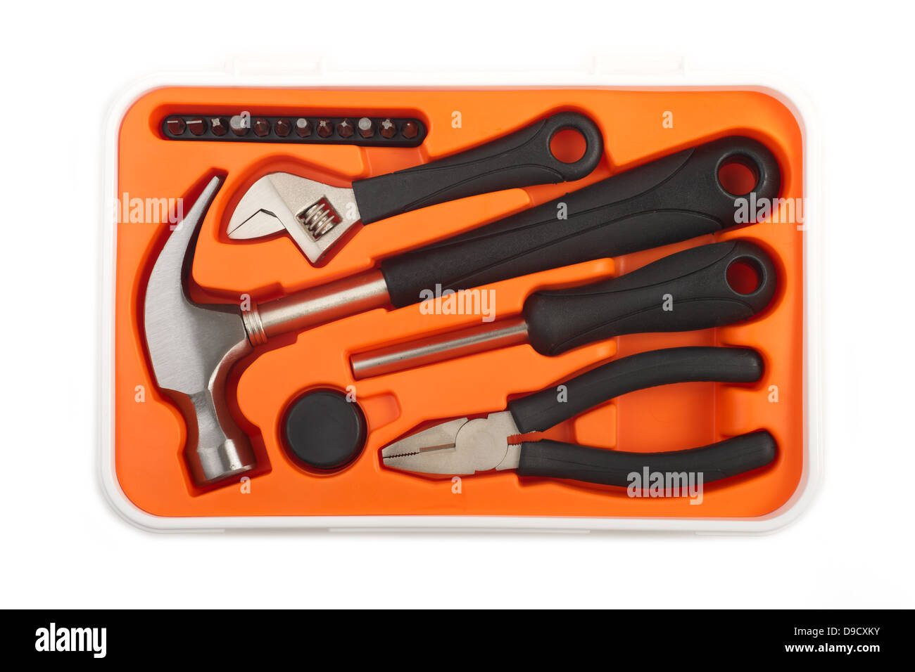 Orange toolbox kit with various tools Stock Photo - Alamy