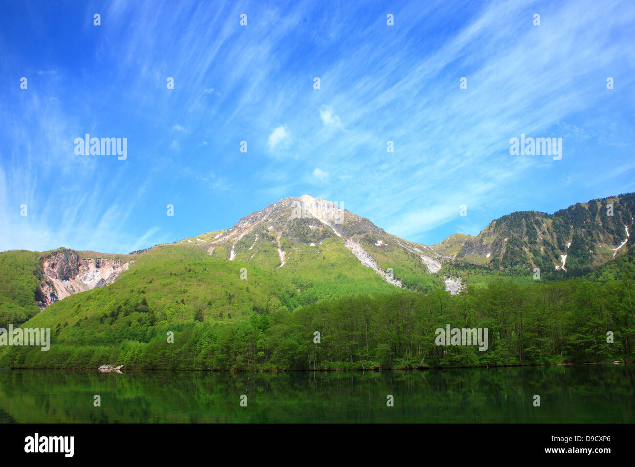 Yakedake mountain range and Taisho pond, Nagano Prefecture Stock Photo ...