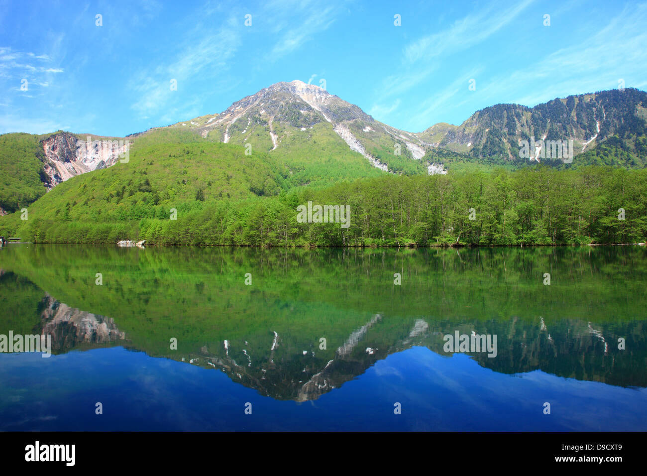 Yakedake mountain range and Taisho pond, Nagano Prefecture Stock Photo ...