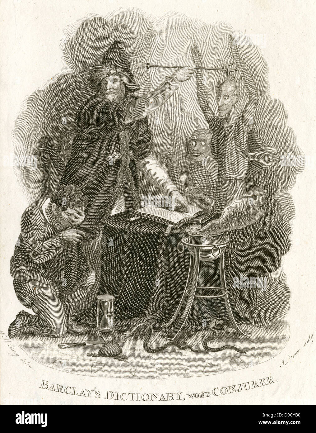 Magician summoning up a spirit while the man who is consulting him ...