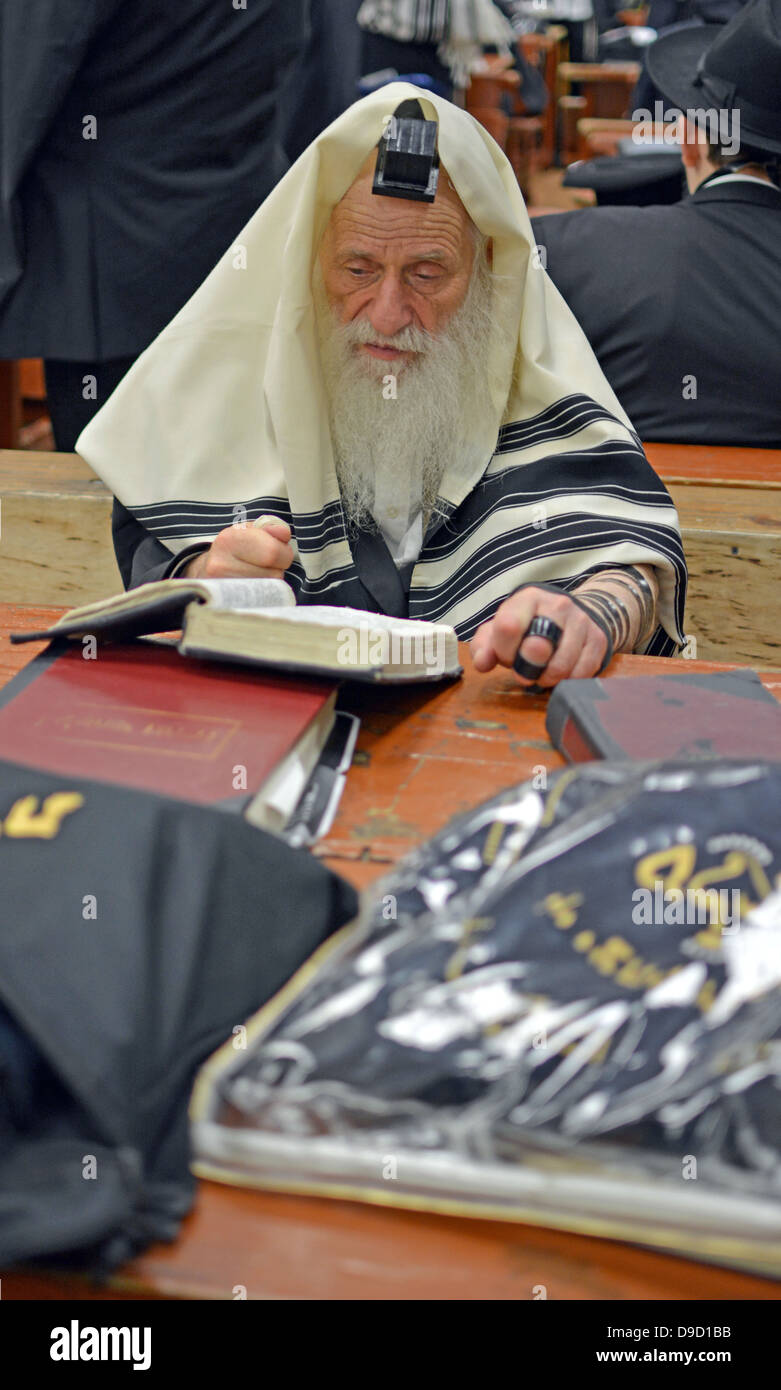 A religious older Jewish man at morning prayers at the Lubavitch ...