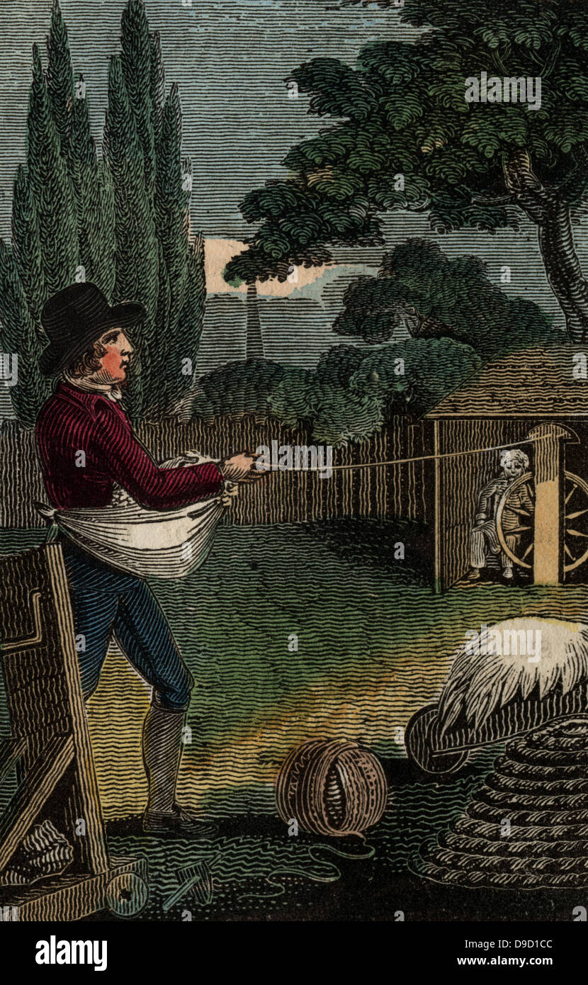 The Rope Maker with a supply of hemp fibre in an apron round his waist ...