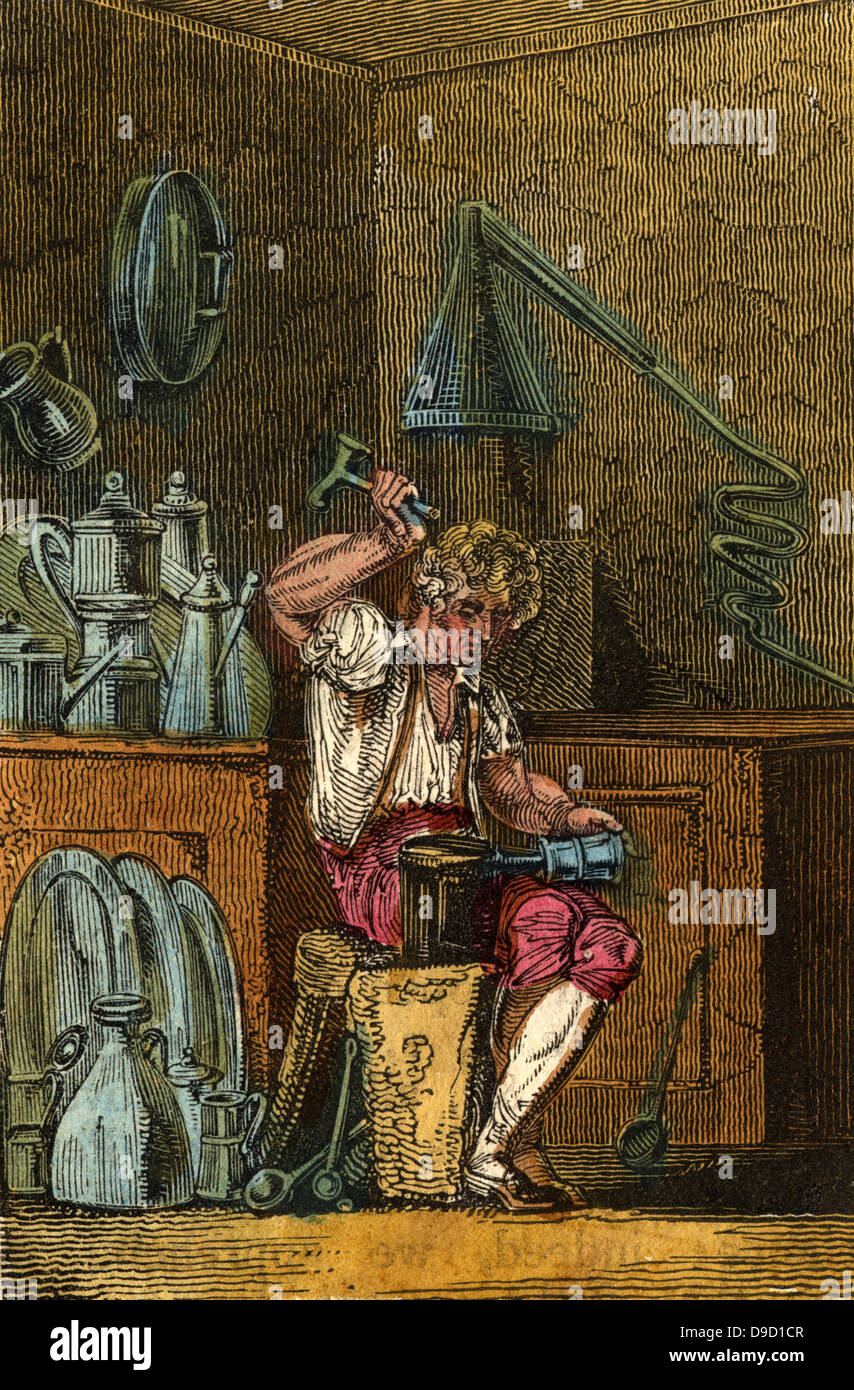 The Pewterer at work surrounded by examples of the objects he made ...