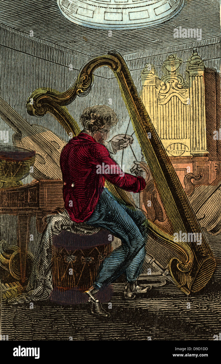 The Musical Instrument Maker sitting on a drum while stringing a harp ...