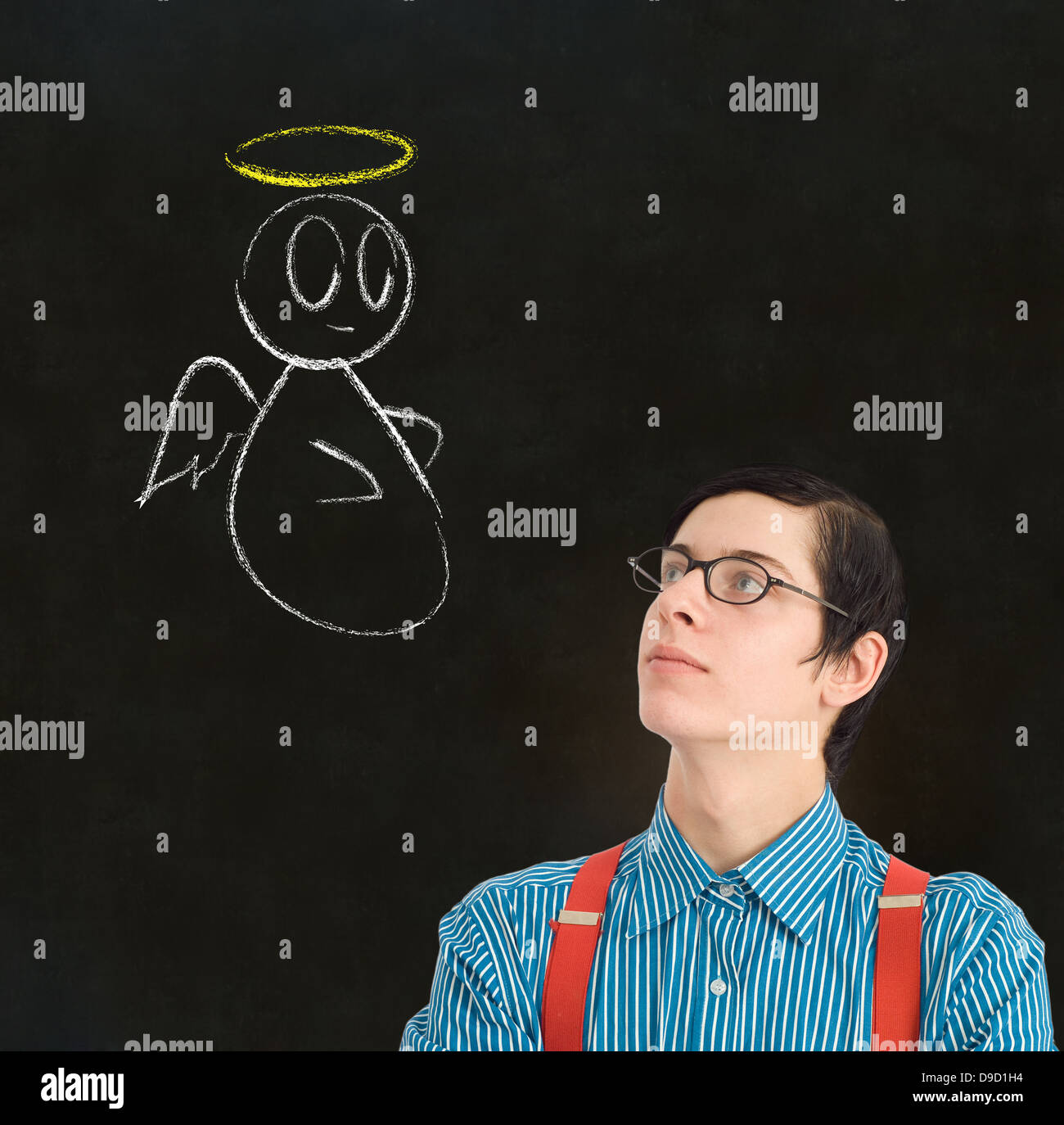 Nerd geek businessman, student or teacher with angel or devil chalk ...