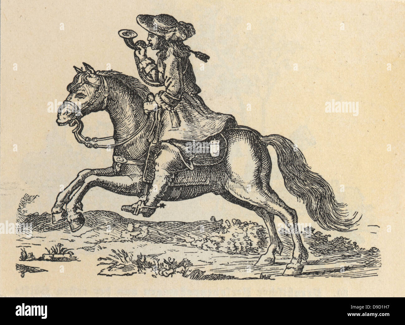 Mounted postboy blowing his post horn as he gallops through the ...