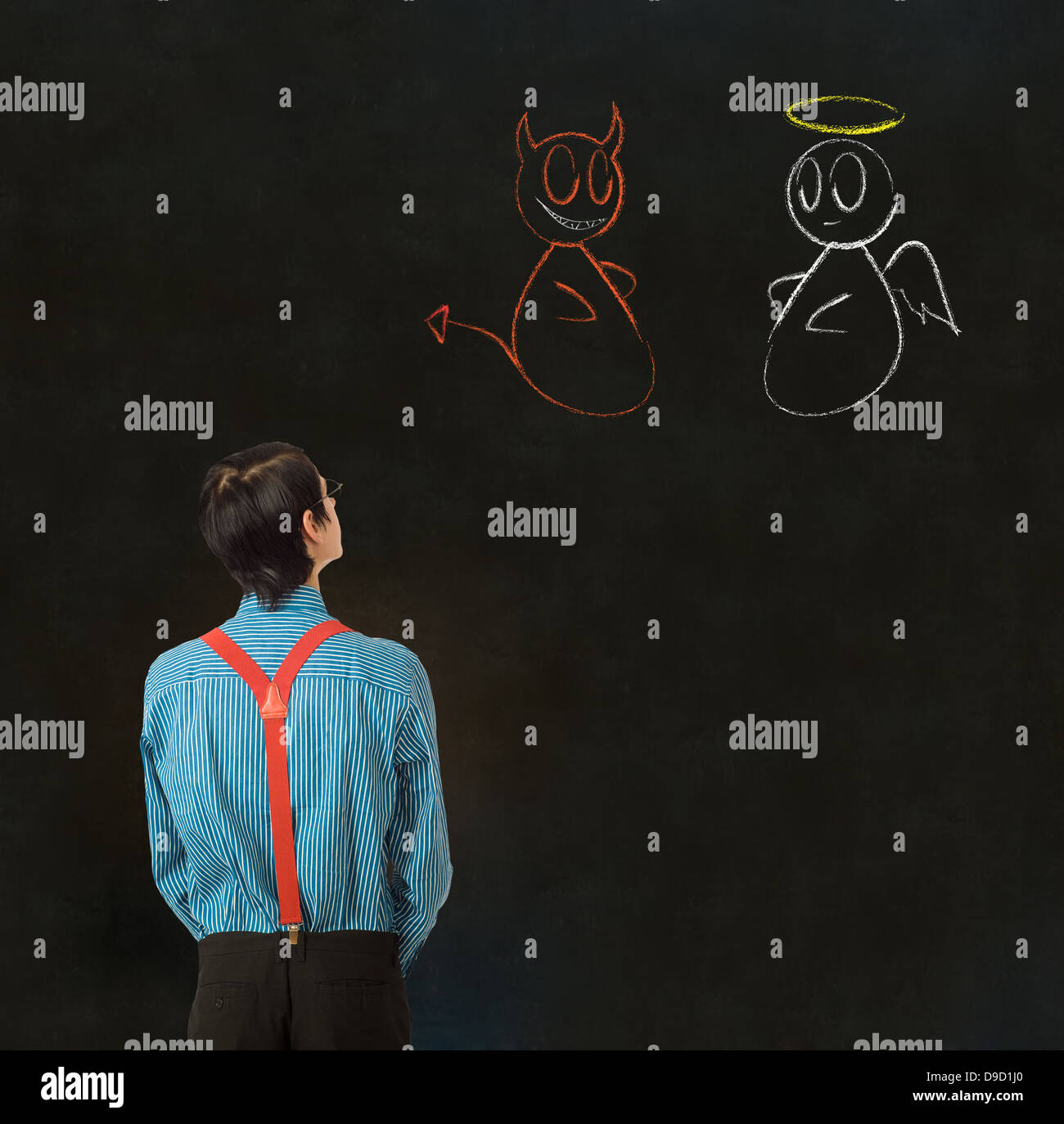 Nerd geek businessman, student or teacher with angel or devil chalk ...