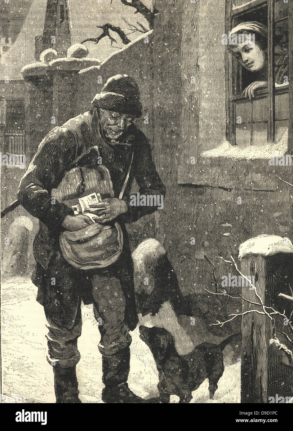An old fashioned postman delivering letters in the snow. Engraving ...