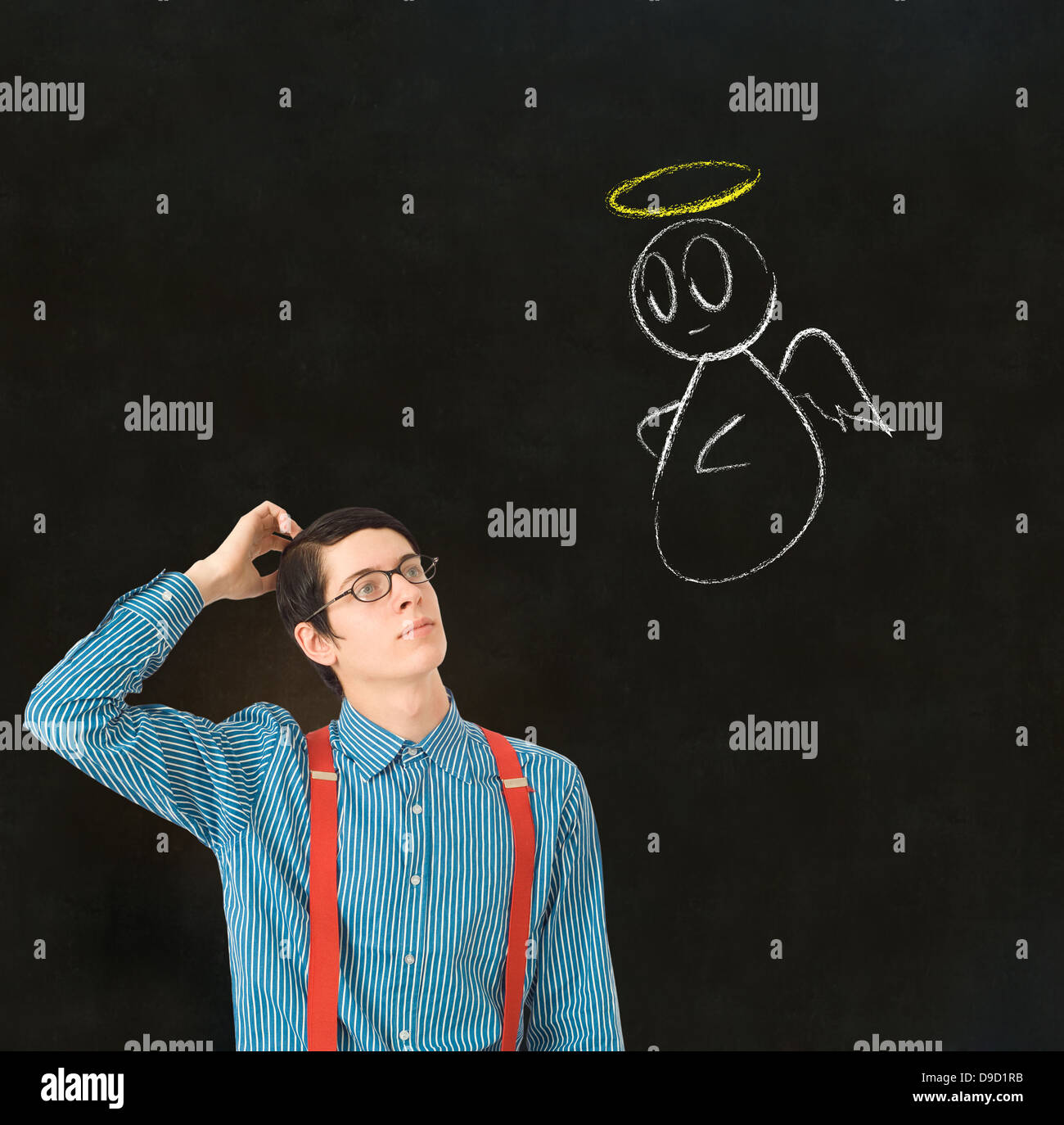 Nerd geek businessman, student or teacher with angel or devil chalk ...