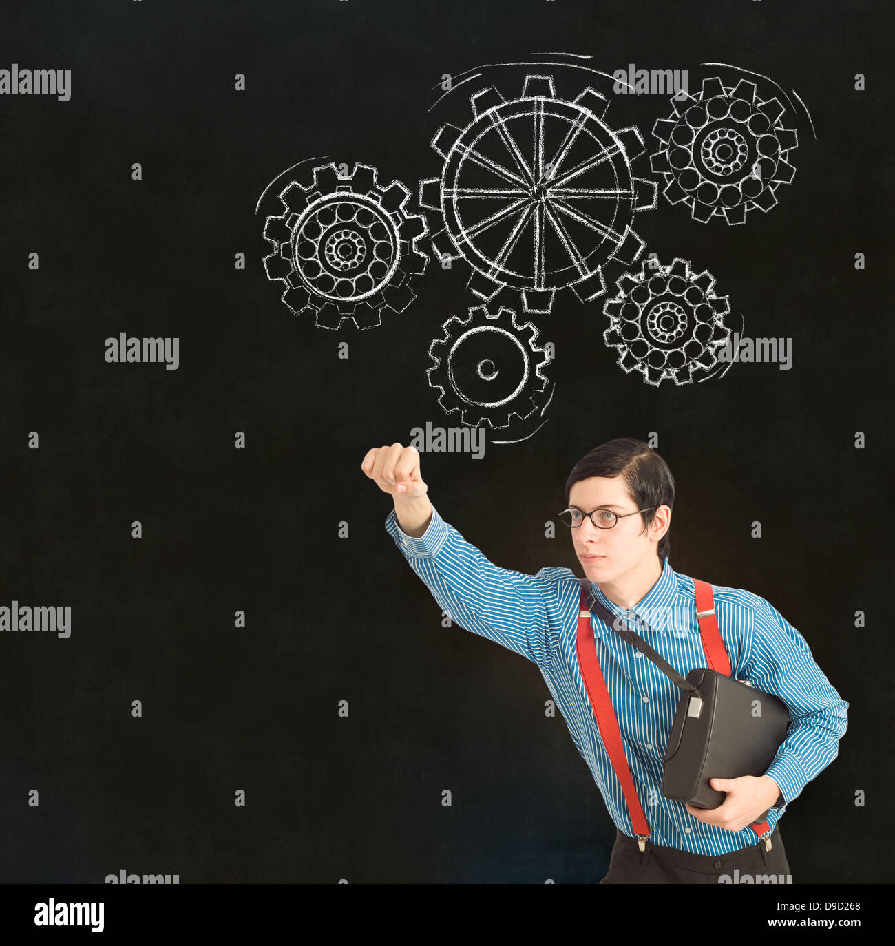 Nerd geek businessman, student or teacher with chalk thinking turning ...