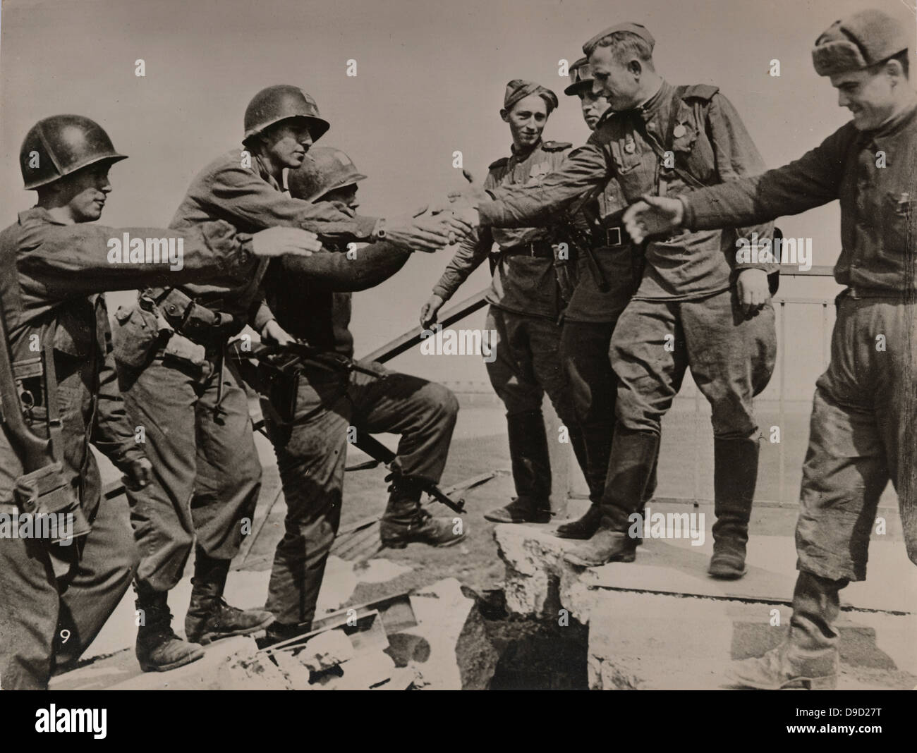Soviet and American troops meeting a Torgau on the Rhine, 2 April 1945 ...