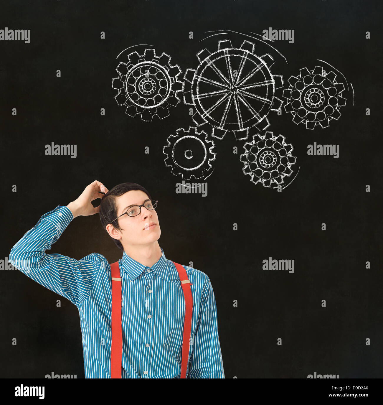 Nerd geek businessman, student or teacher with chalk thinking turning ...