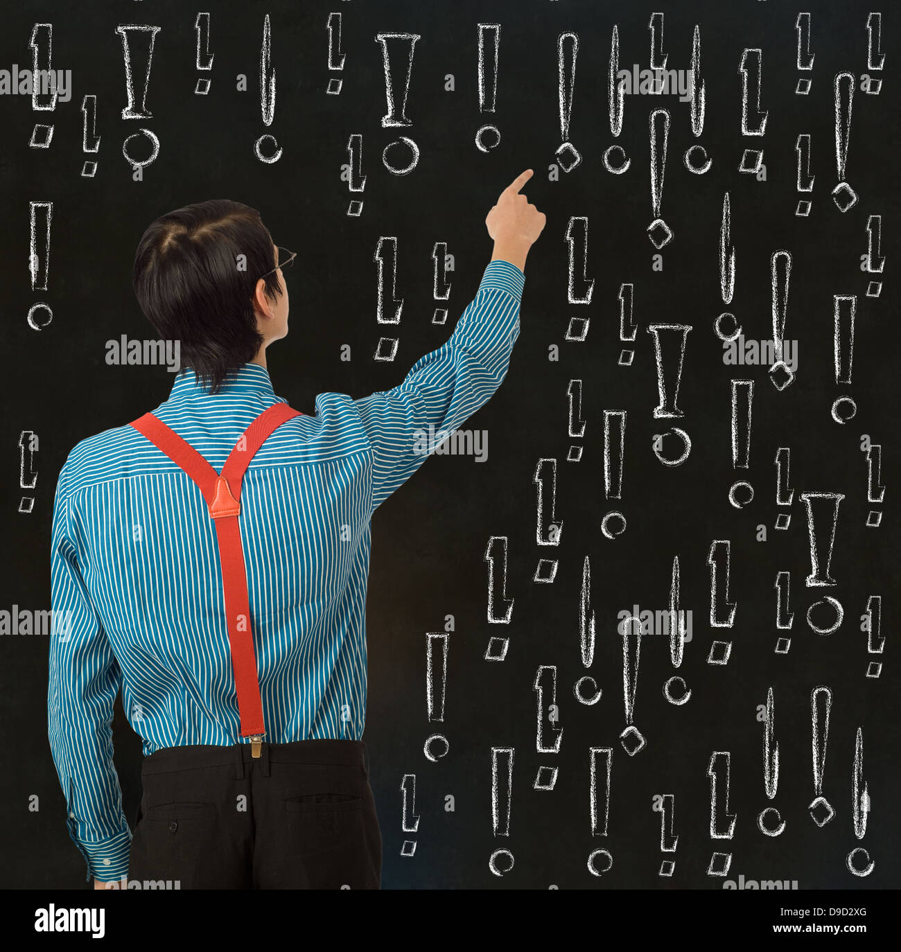 Nerd geek businessman, student or teacher with chalk exclamation marks ...