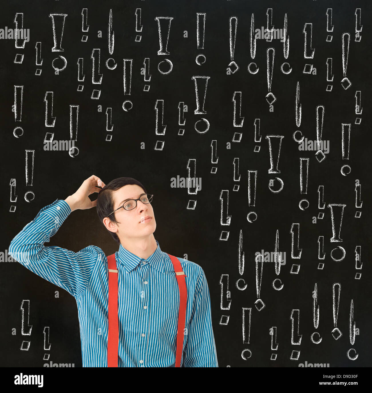 Nerd geek businessman, student or teacher with chalk exclamation marks ...