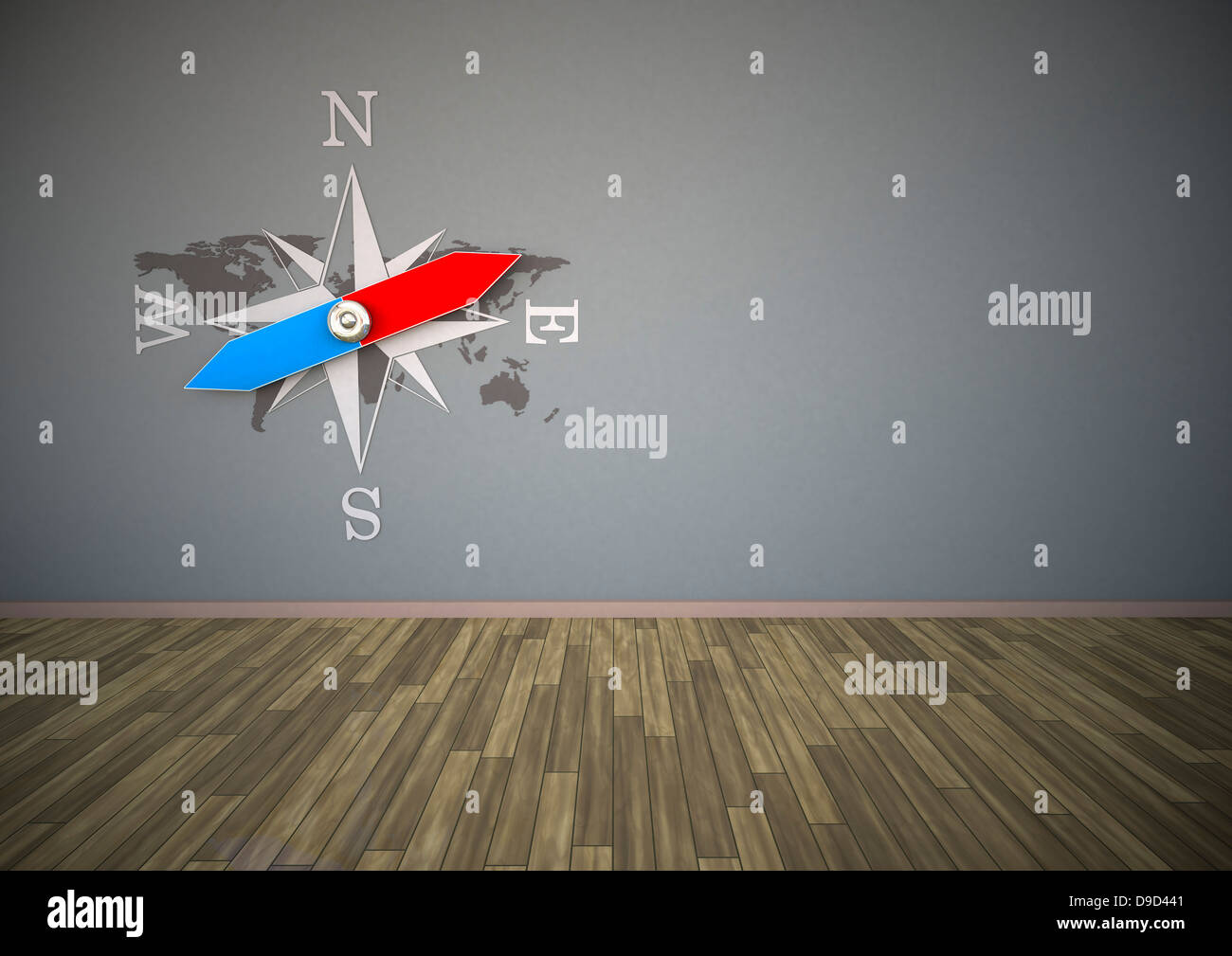 Compass with world map in room Stock Photo - Alamy