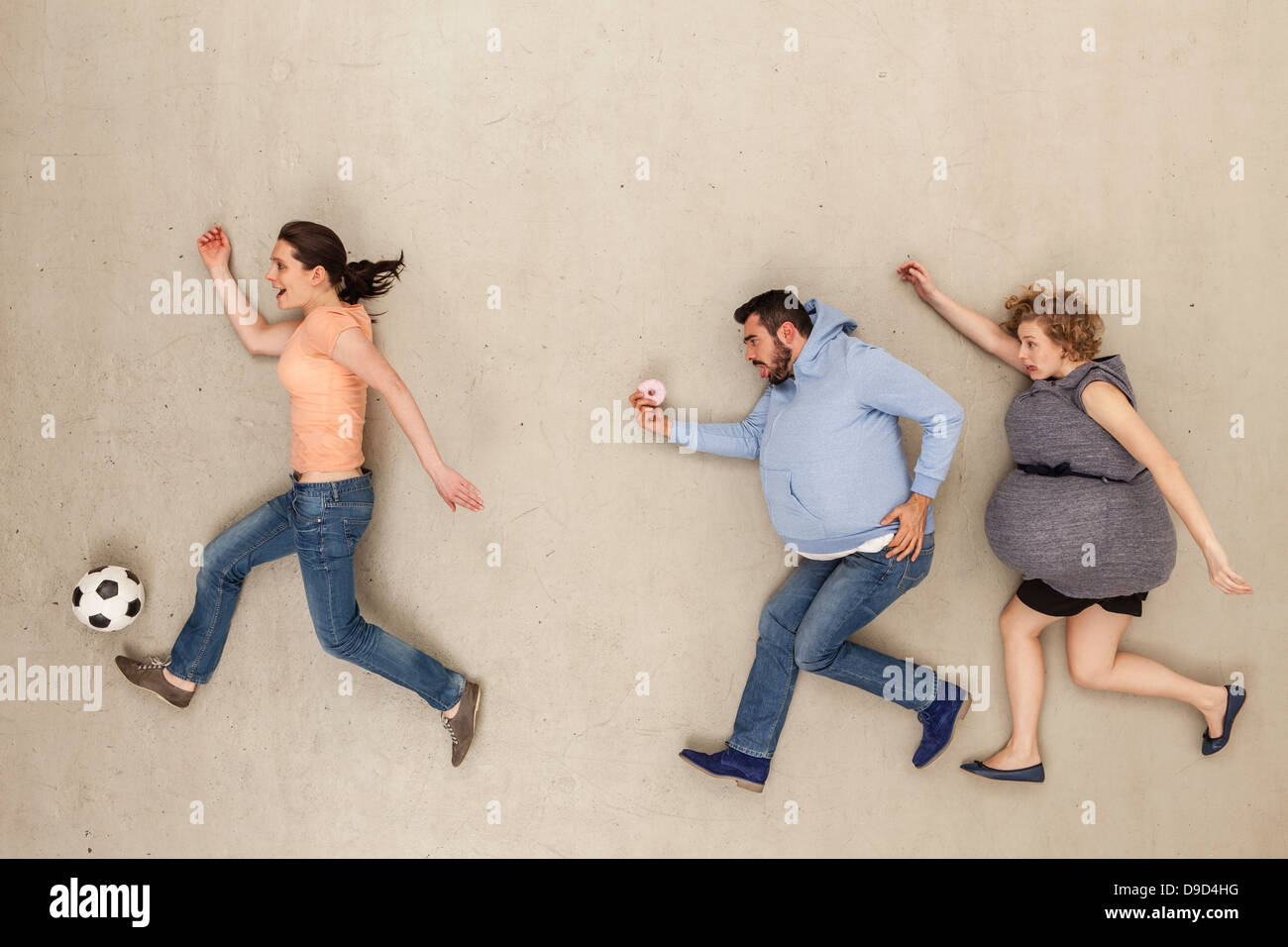 Women and man running against beige background Stock Photo - Alamy