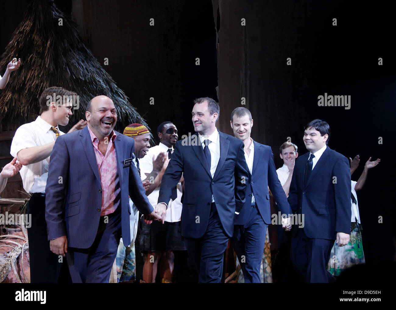 Casey Nicholaw, Trey Parker, Matt Stone, Bobby Lopez and cast Opening ...