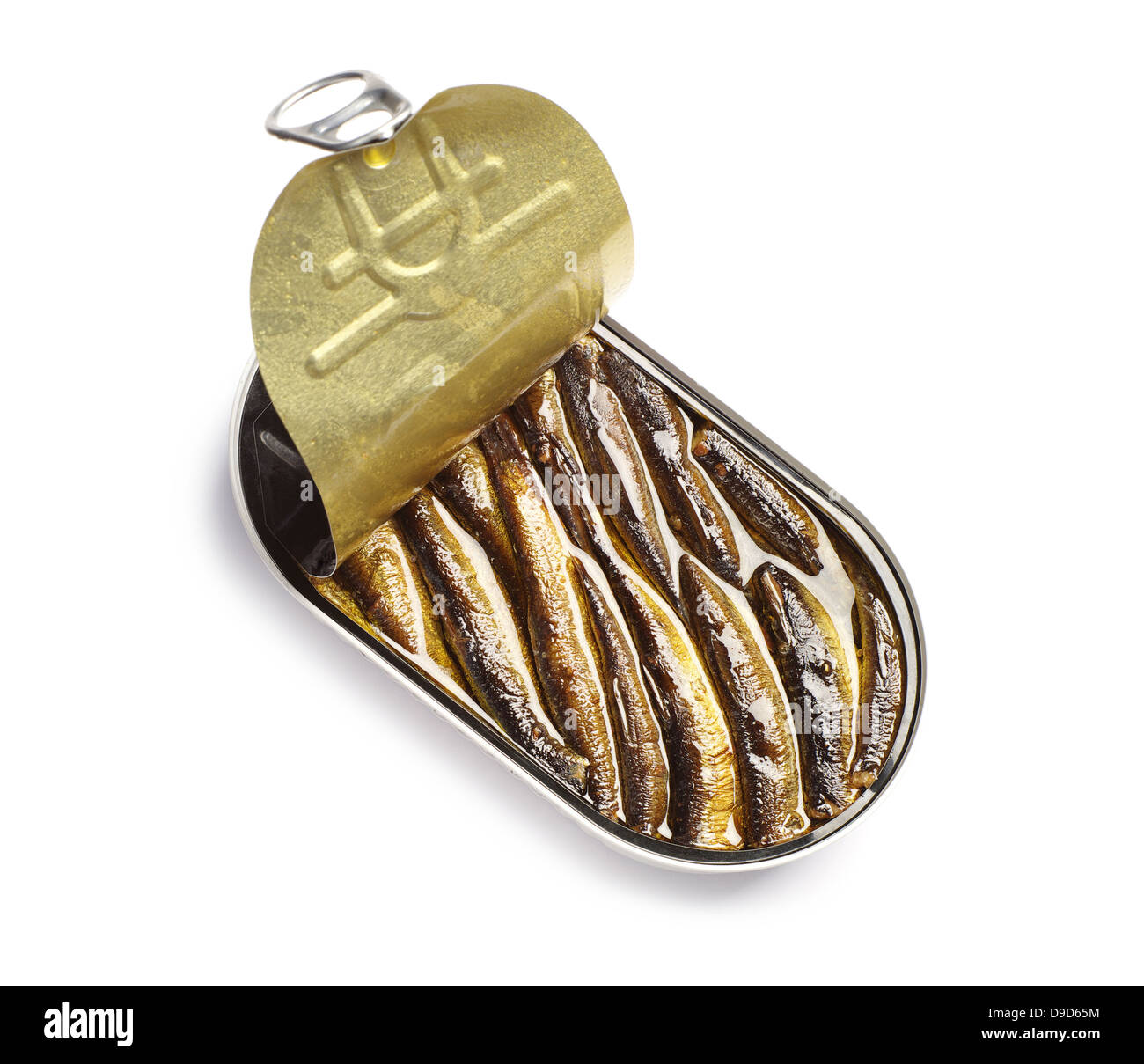 Smoked fish with olive oil in an open tin can on a white background ...