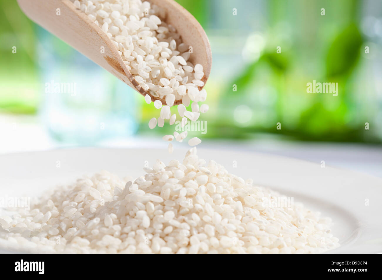 Rice grains pouring from wooden scoop, close up Stock Photo - Alamy