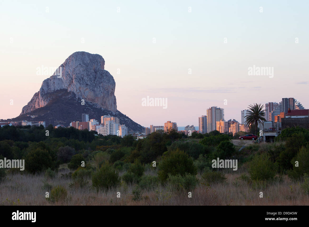 City, wild landscape and rock at sunrise (Calpe, Valencia, Spain Stock ...