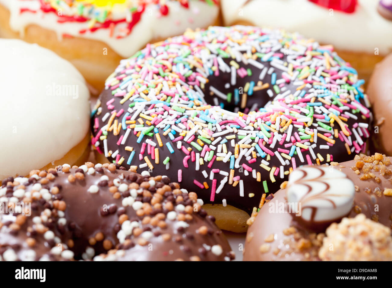 Variety of doughnuts topped with icing and sprinkles, close up Stock ...