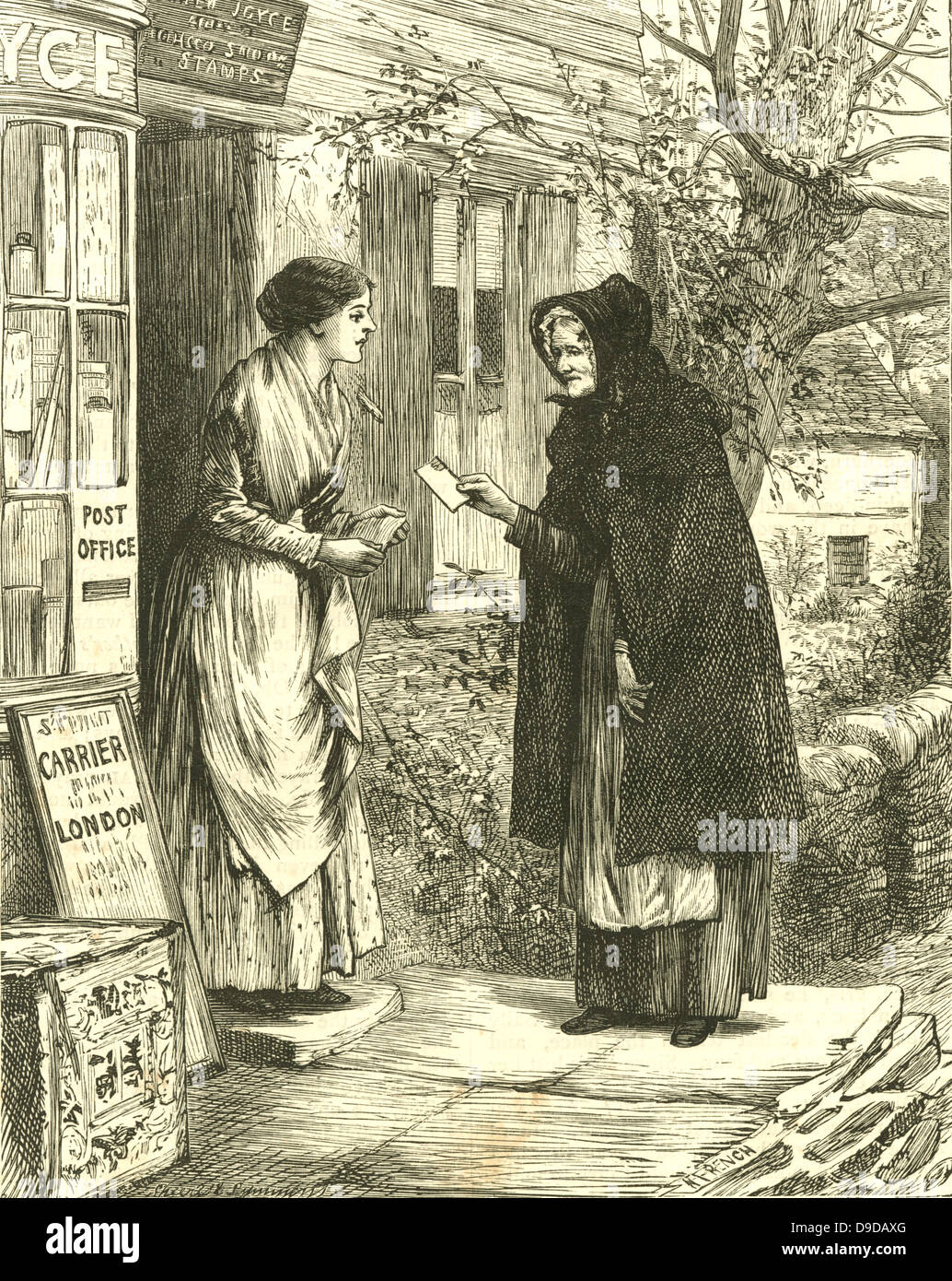 Old woman taking a letter to the village post office and shop ...