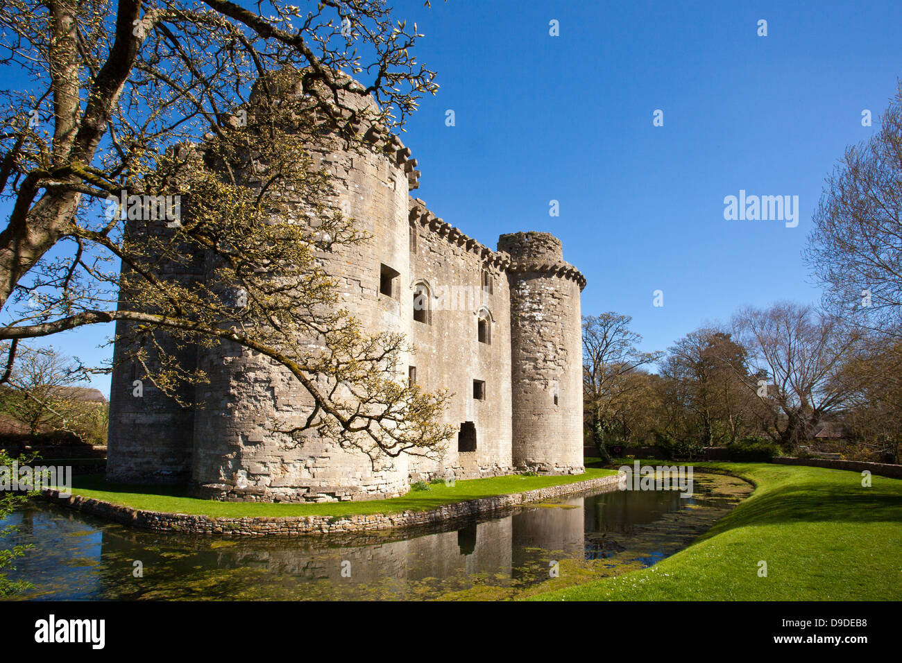 The ruins of Nunney Castle surrounded by its moat, built in the 1370s ...
