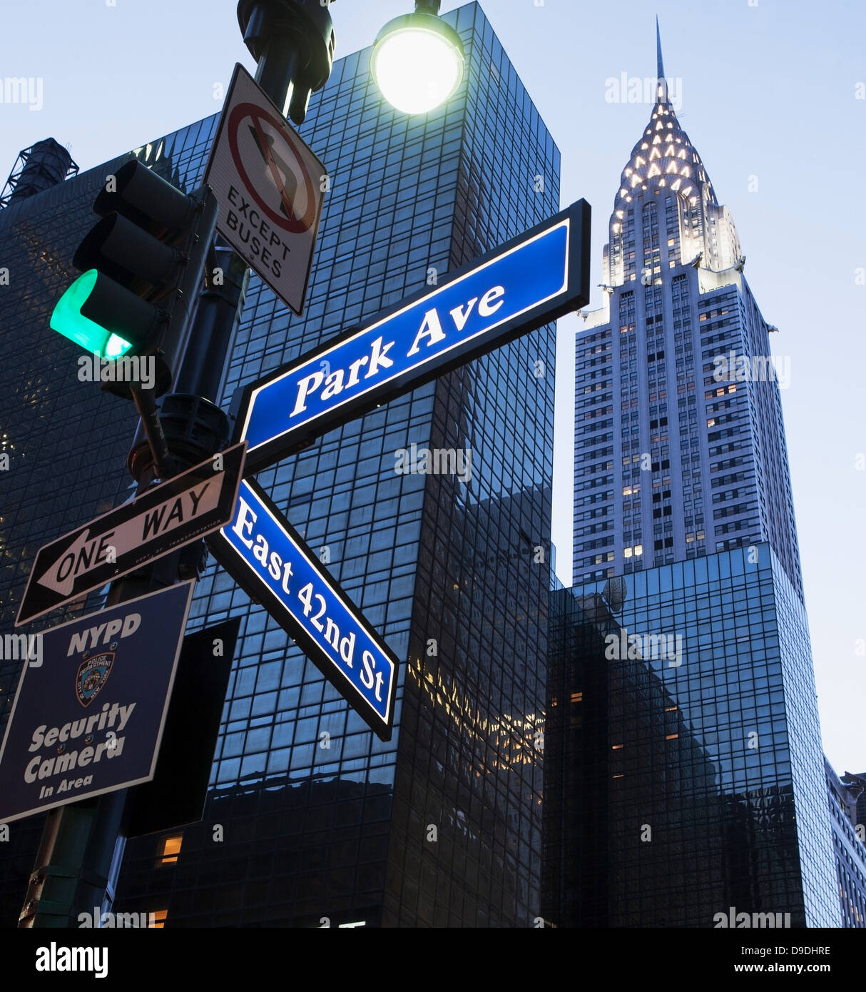 Street signage outside Chrysler Building at dusk, New York City, USA ...