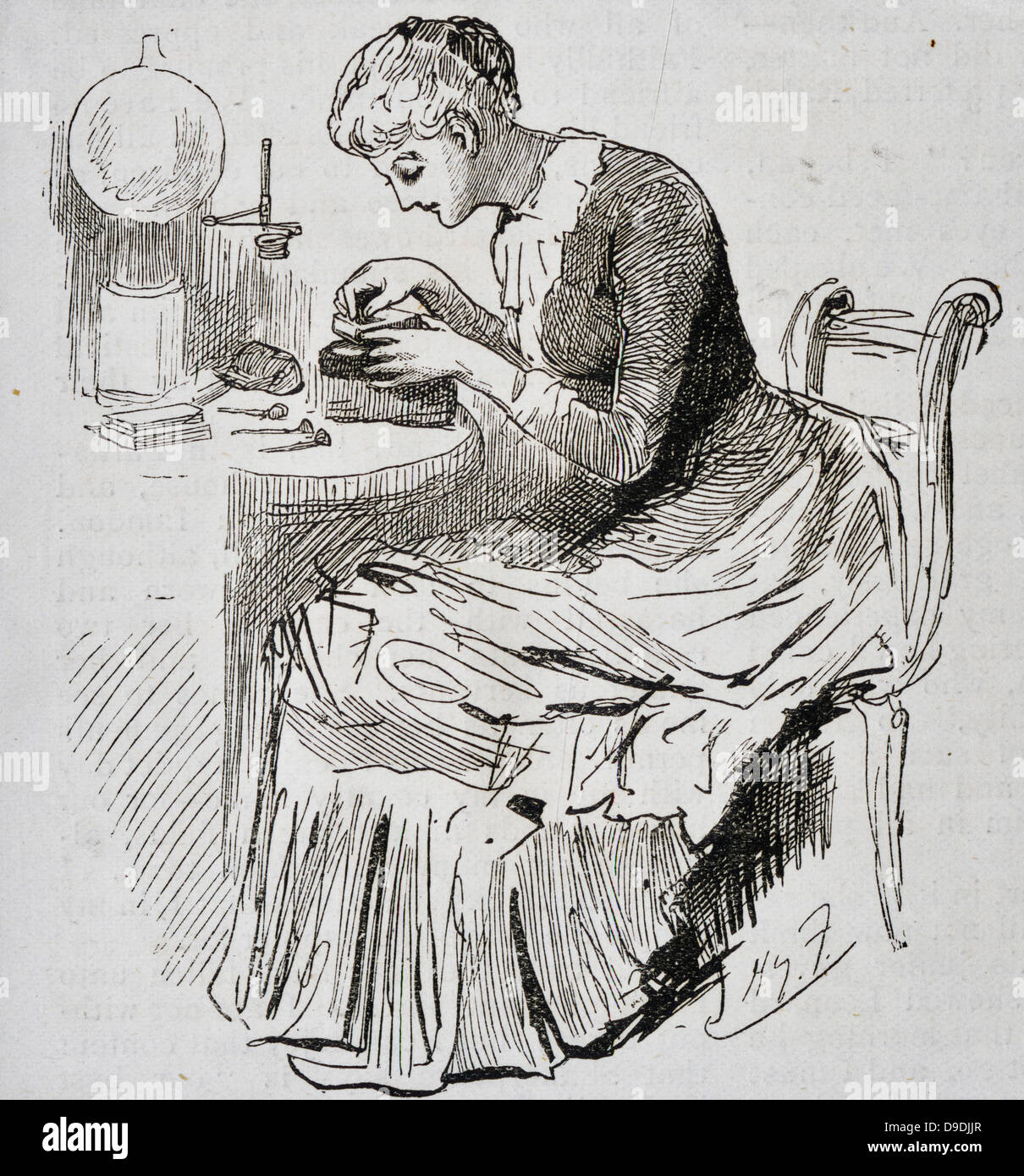 Woman at work on a wood block illustration engraving 1885 hi-res stock ...