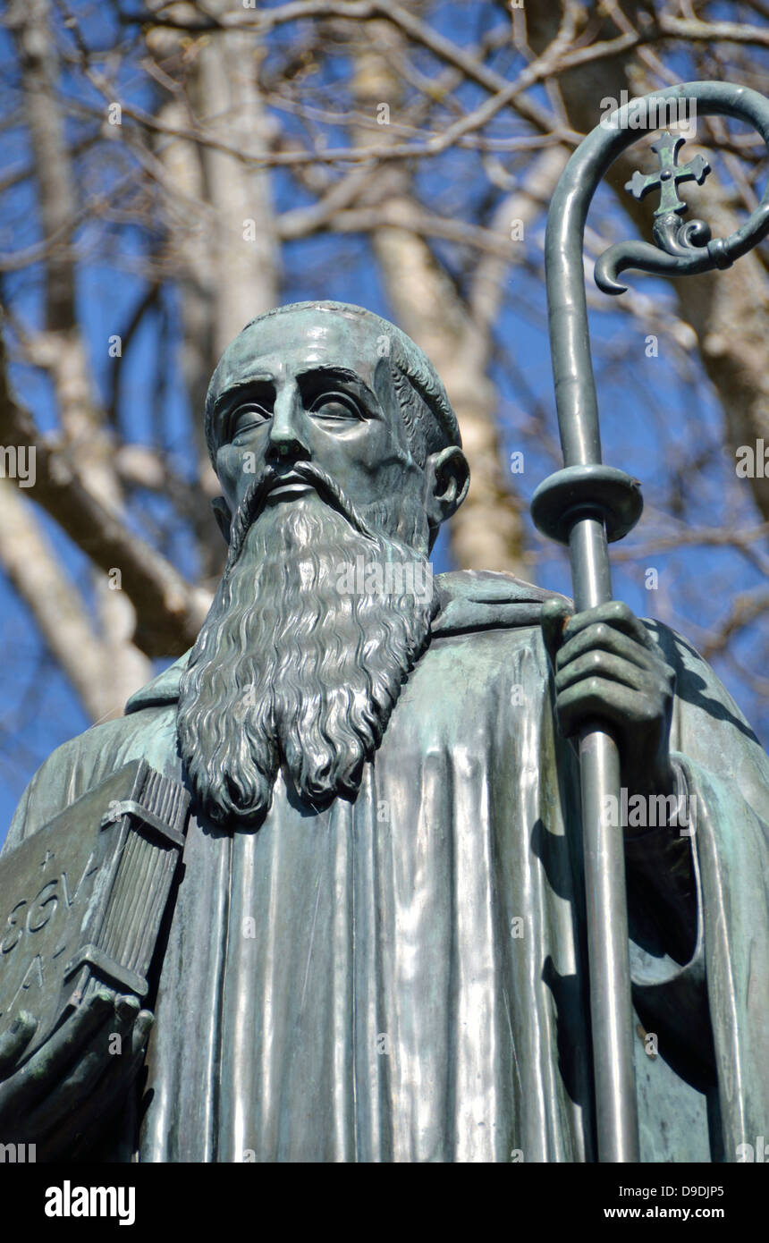 Statue of Saint Benedict on a hill above the monastery at Einsiedeln ...