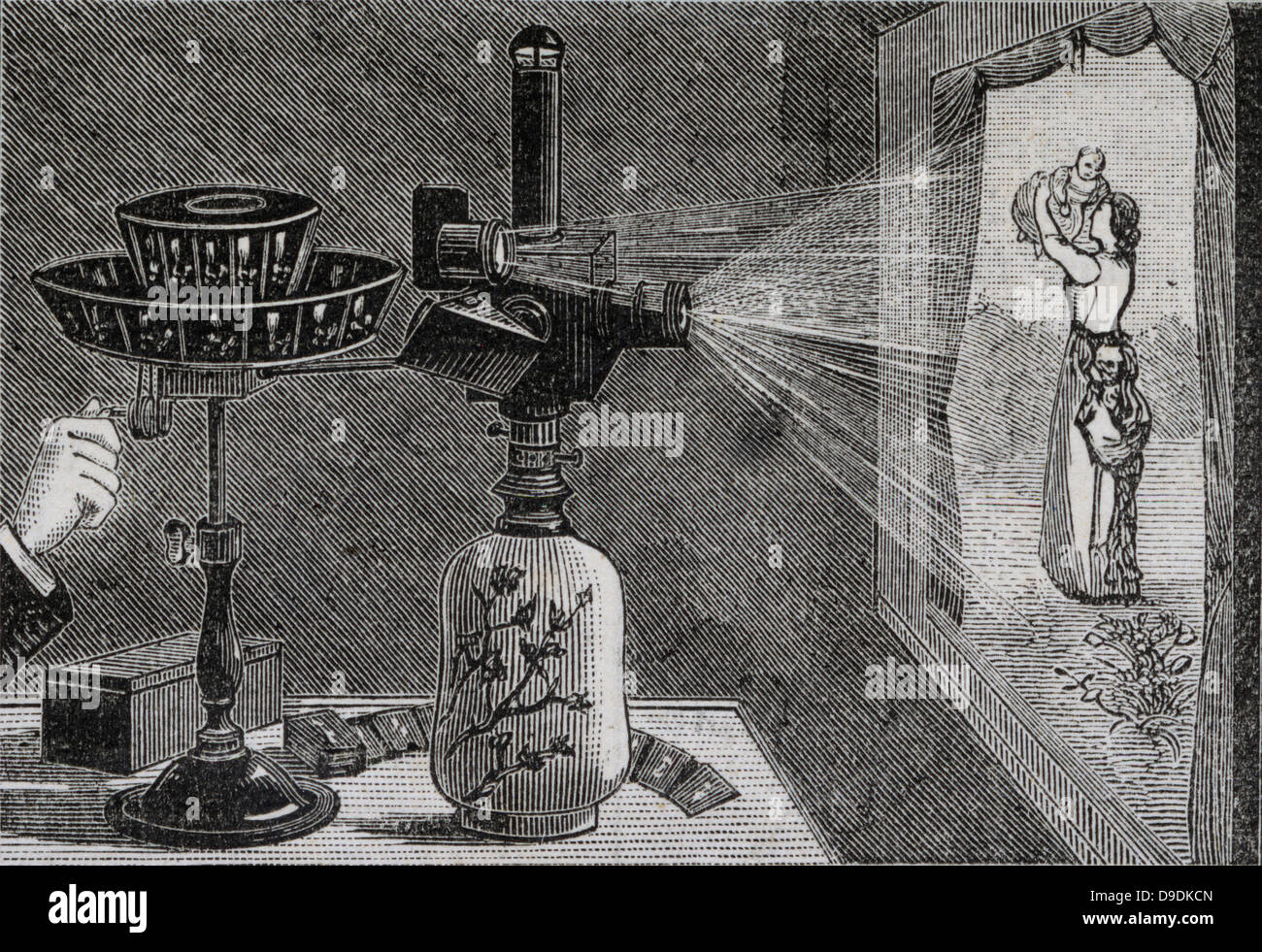 Projecting an image using Reynaud's praxinoscope. Engraving 1884 Stock ...