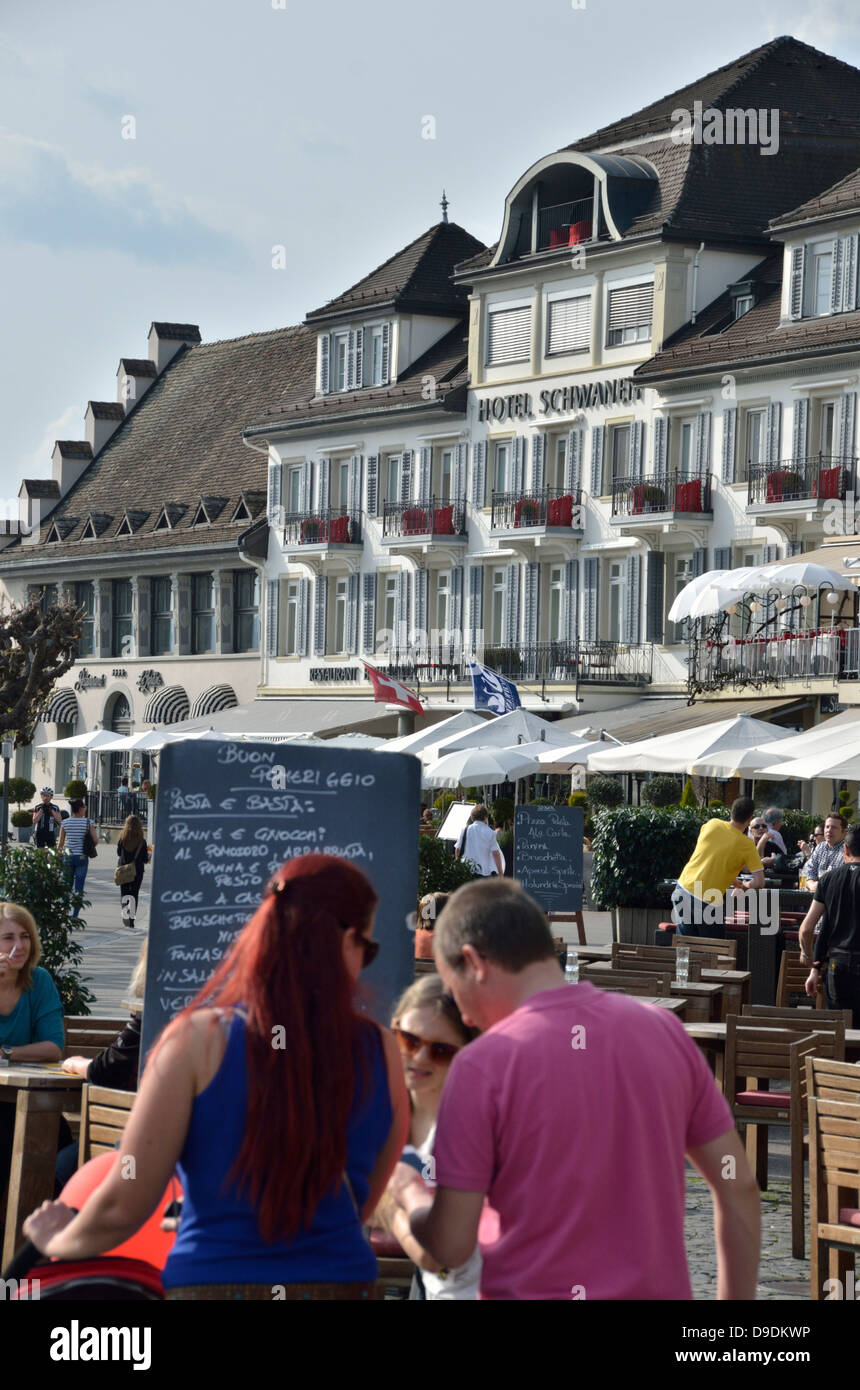 Cafes and restaurants on See Quai, Rapperswil, St. Gallen, Switzerland ...