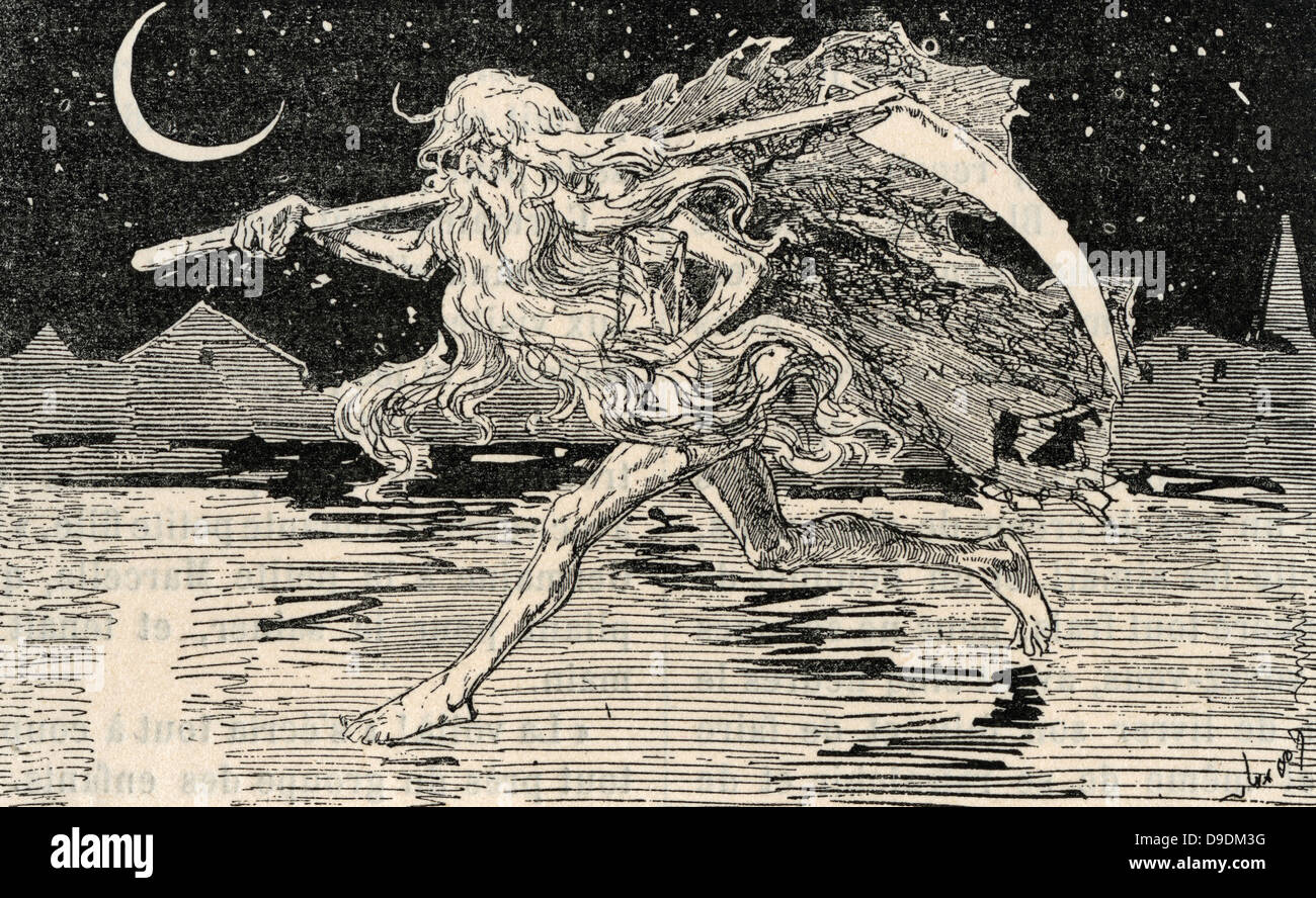 Old Father Time carrying his scythe. Engraving, 1883 Stock Photo - Alamy