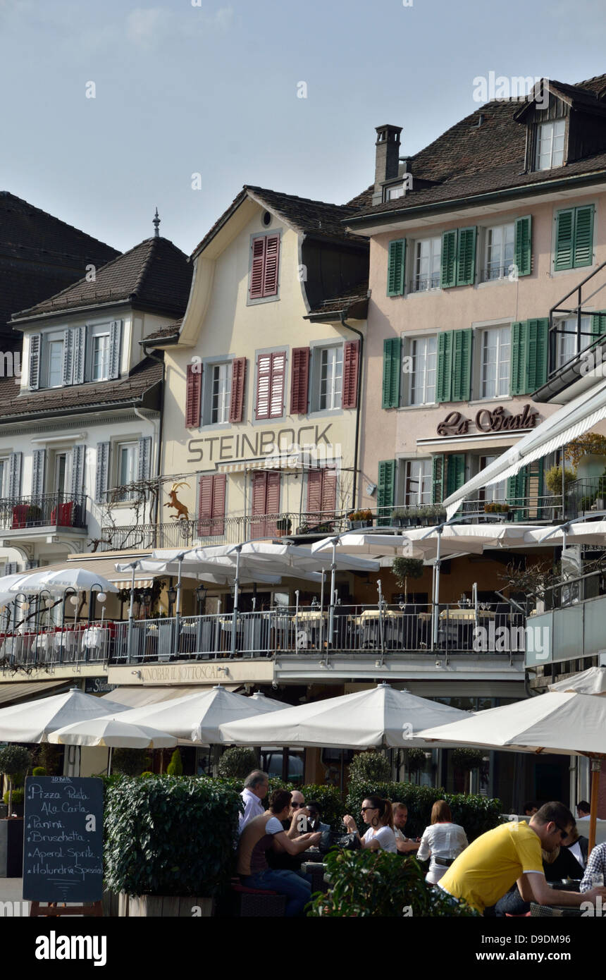 Cafes and restaurants on See Quai, Rapperswil, St. Gallen, Switzerland ...