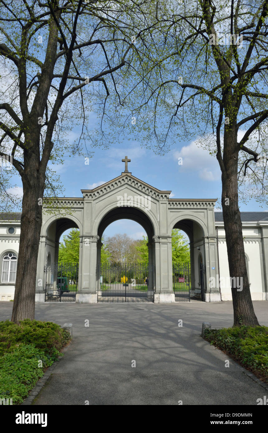 Entrance to Wolf-Gottesacker cemetery in Dreispitz, Basel, Switzerland ...