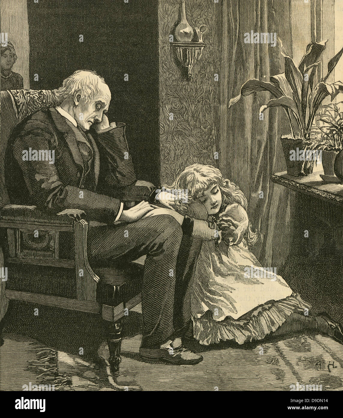 Old man and grandchilddozing in front of a window. Engraving, 1884 ...