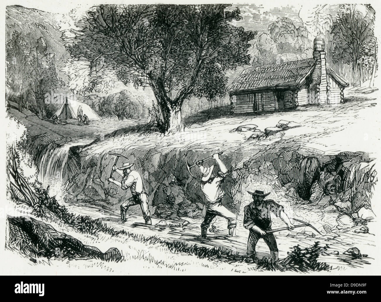 Gold mining in California: ground sluicing. Engraving, 1879 Stock Photo ...