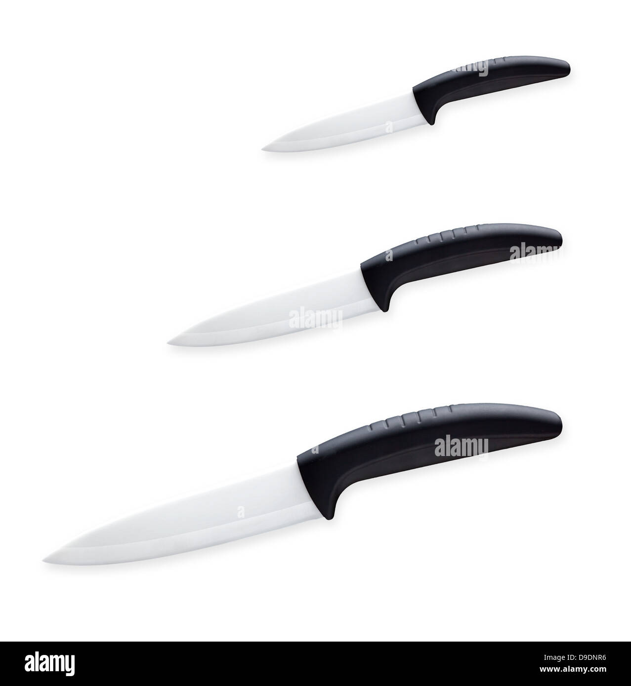 Set of Trio Ceramic Kitchen Knives isolated on white Stock Photo - Alamy