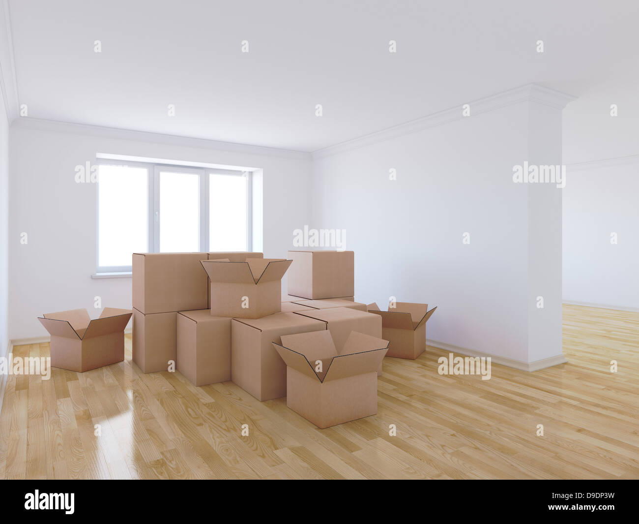 3d render of moving boxes in empty room Stock Photo - Alamy