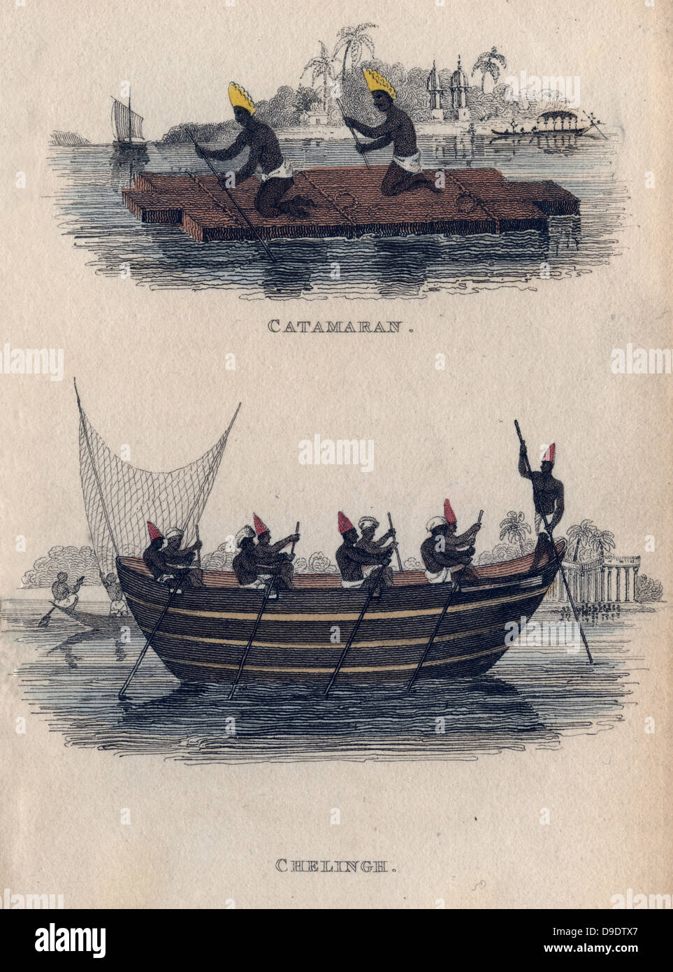 Catamaran (raft) and Chelingh (fishing boat). Engravig 1822 Stock Photo ...